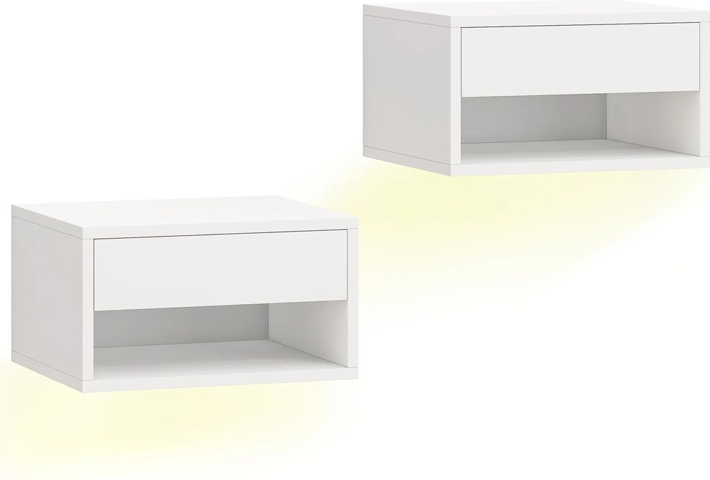 HOMCOM Noční stolek 2dílná sada s RGB LED osvětlením, závěsná noční skříňka s šuplíkem a otevřenou přihrádkou, bílá