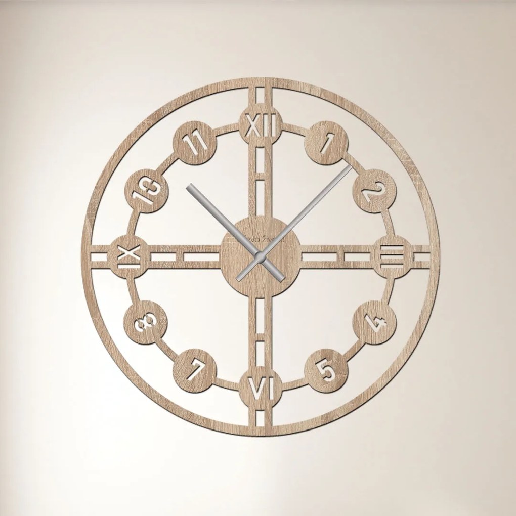 dřevo života Nástěnné hodiny CIRCLE Zvolte barvu dekoru: Horský dub, Zvolte velikost hodin (cm): 40x40, Barva ručiček: Stříbrné