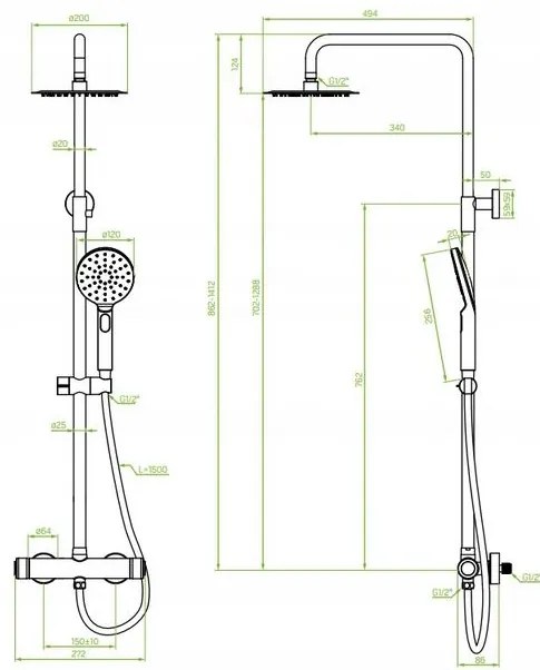 Laveo Volumo, sprchový set s termostatickou baterií 150mm, černá matná, LAV-PLV_70OB