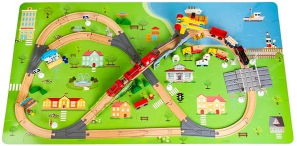 Dřevěná vláčkodráha s jeřábem a mapou města puzzle