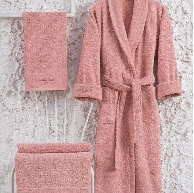 Set růžového bavlněného dámského županu velikosti XL, ručníku a osušky Bathrobe Set Lady