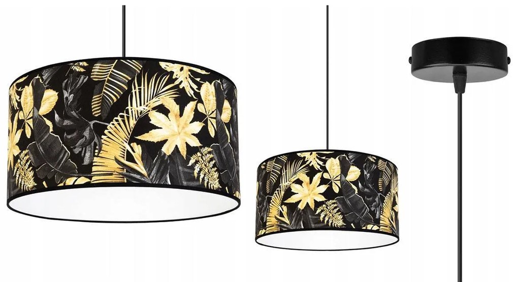 Závěsné svítidlo Gold Flowers, 1x černé textilní stínítko s květinovým vzorem, (fi 40cm)