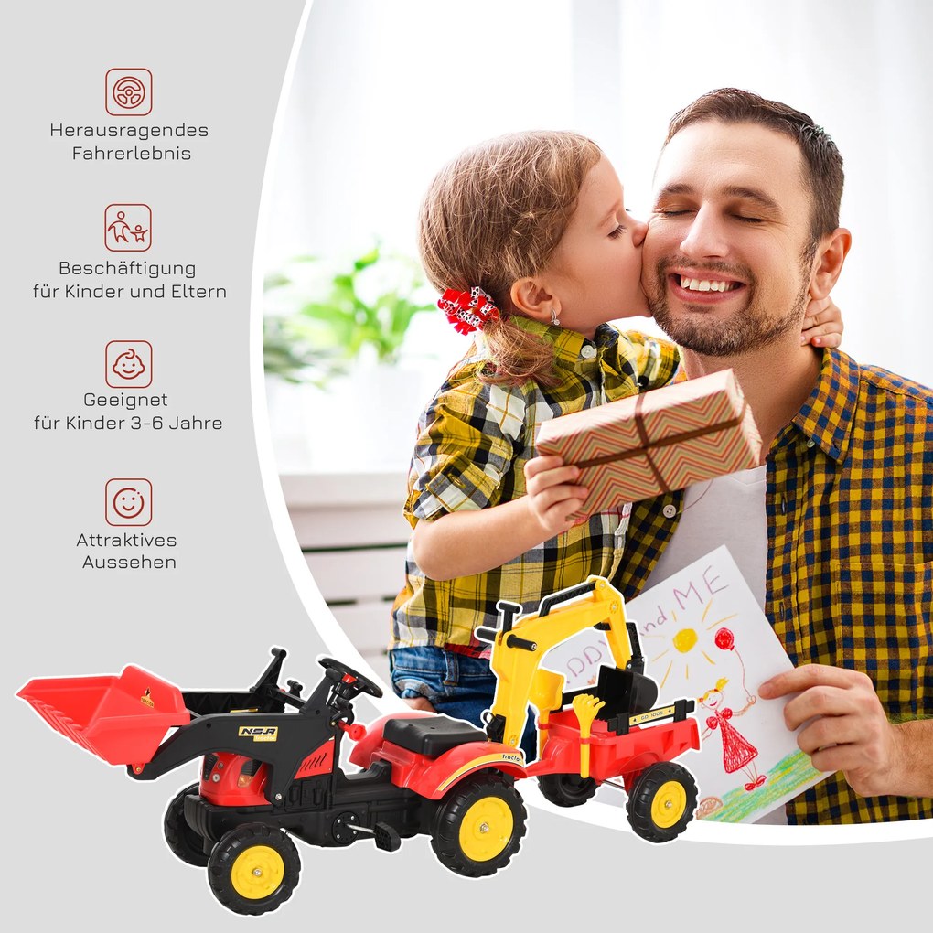 HOMCOM Šlapací traktor s přívěsem a čelním nakladačem, šlapací bagr pro děti od 3 let, červený, 179 x 42 x 59 cm, ideální pro zábavu a hry