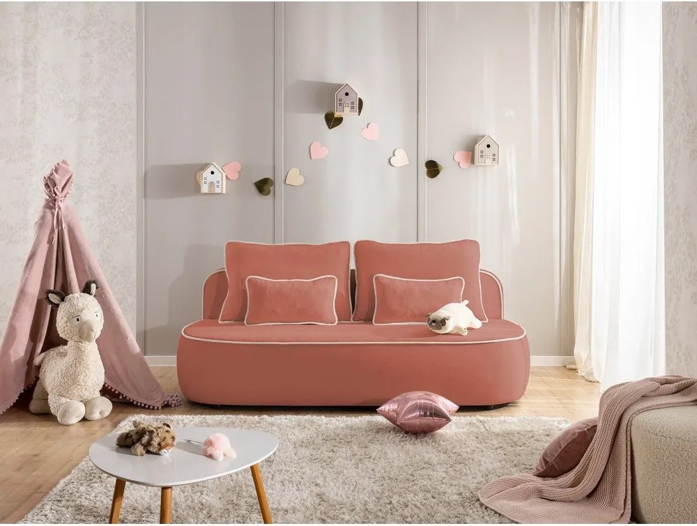 Růžová/světle šedá sametová rozkládací/s úložným prostorem dětská pohovka 210 cm Saga – Ropez