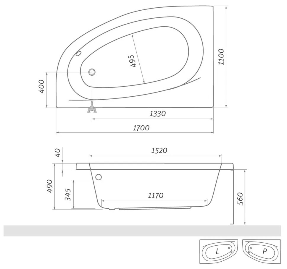 Asymetrická rohová akrylátová vana ISABELLA NEO S 1700 × 1100 Levá ISABELLA NEO (L) 240 l 9700000