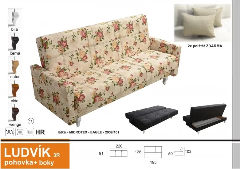 Pohovka LUDVÍK II s bočnicemi, béžová vzor růže/dřevo ořech (eagle 2939/104)