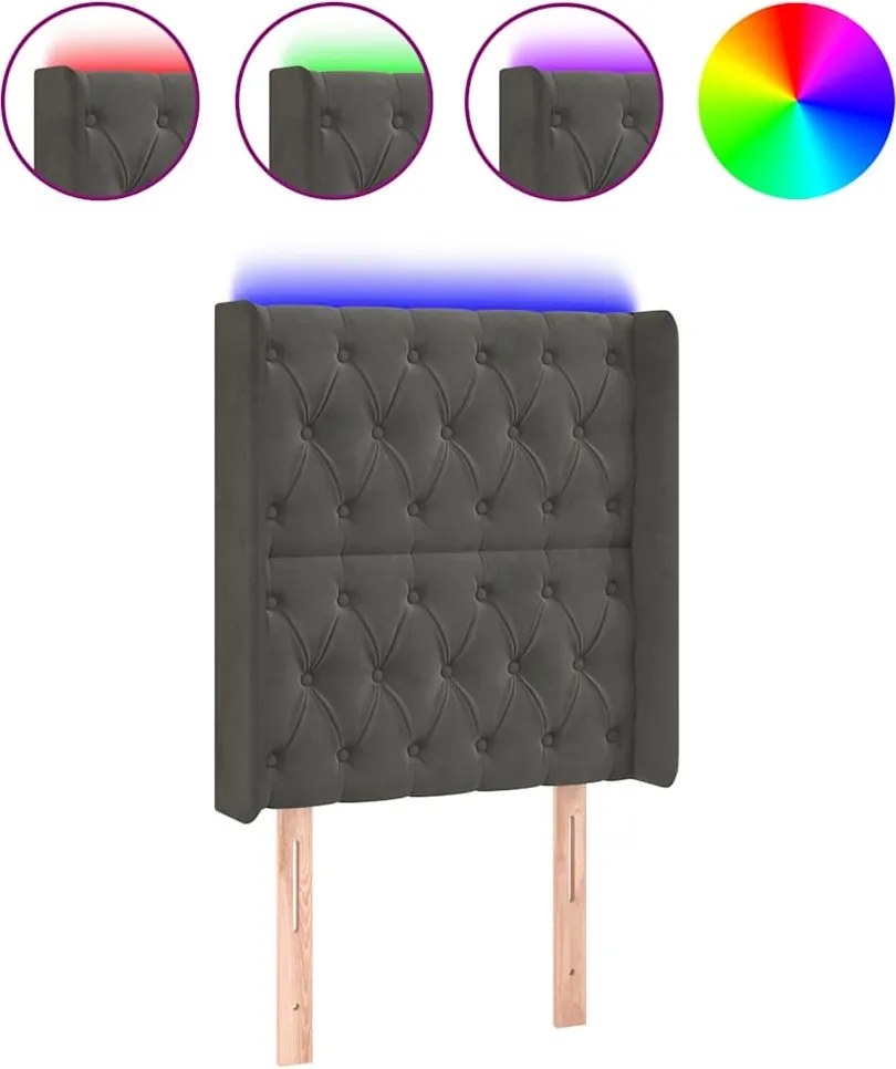 Čelo postele s LED tmavě šedé 83 x 16 x 118/128 cm samet 3124415
