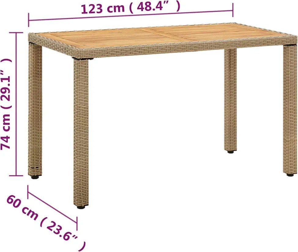 Zahradní stůl béžový 123x60x74 cm polyratan a masivní akácie 316797