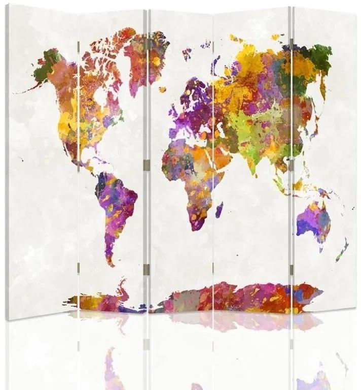 Ozdobný paraván Mapa světa - 180x170 cm, pětidílný, obustranný paraván 360°