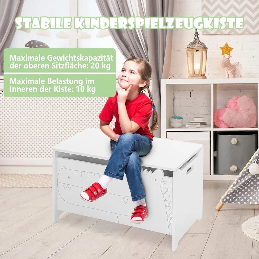 Costway Dřevěná truhla na hračky s bezpečnostním pantem pro děti v bílé barvě