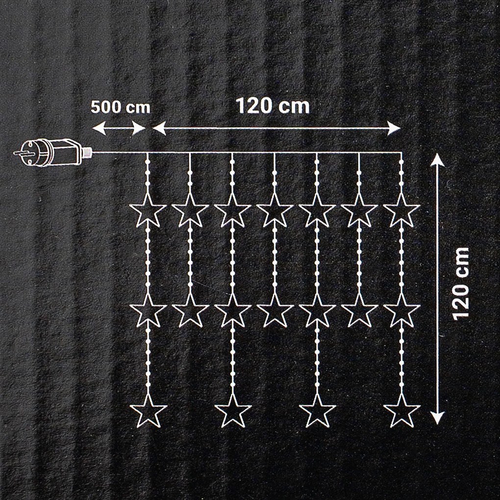Světelný venkovní závěs Stars, 120x120cm, LED, teplá bílá, časovač, 8 funkcí, 120 cm