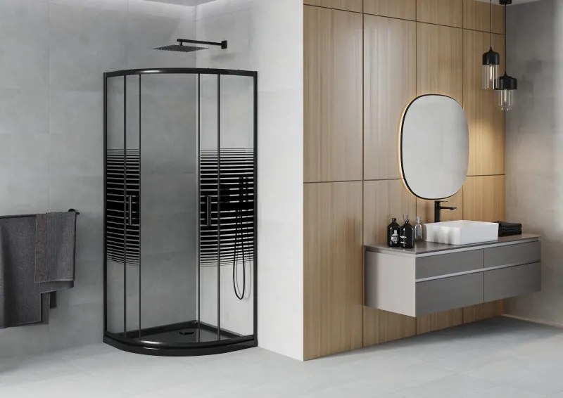 Mexen Rio, čtvrtkruhový sprchový kout s posuvnými dveřmi 80 (dveře) x 80 (dveře) x 190 cm, 5mm čiré sklo s pásky, černý profil + černá sprchová vanička SLIM, 863-080-080-70-20-4170B