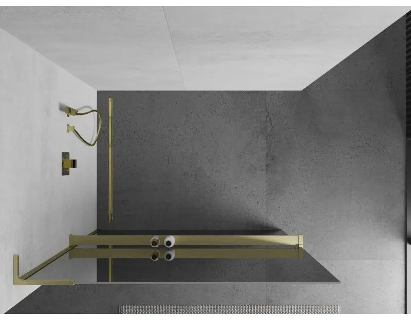 Mexen Kioto+ L, sprchová zástěna Walk-In s poličkou a věšákem 80 x 200 cm, 8mm sklo vzor zrcadlo, zlatý matný profil, 800-080-123-55-50