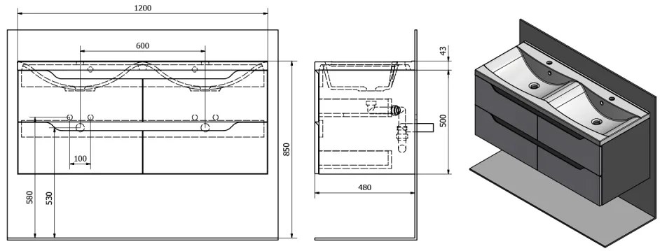 Sapho WAVE dvojumyvadlová skříňka 119,7x50x47,8cm, bílá WA120-3030