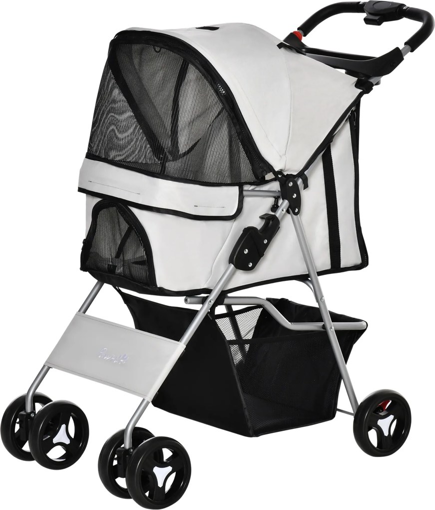 Skládací kočárek pro psy PawHut - Kočárek pro malé psy s nastavitelnou stříškou, úložným košíkem, 2 otočnými koly, nosnost 15 kg, rozměry 75x46x94 cm…