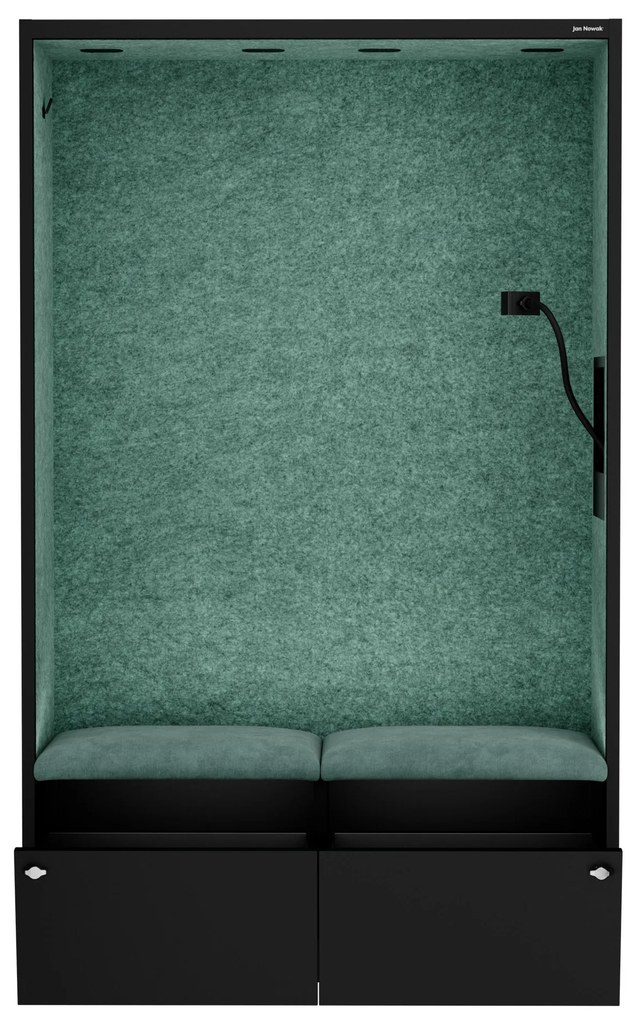Kancelářská akustická kabina se sedátkem a USB-C portem, korpus černý / sedák zelený, 1150 mm: SALLY MentalBox