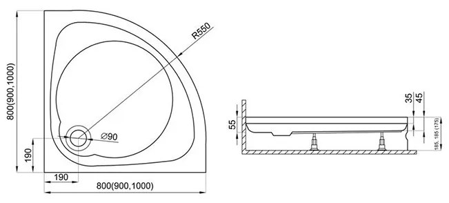 Polimat Čtvrtkruhová akrylátová sprchová vanička New Style 2 80x80 (90x90, 100x100) Barva: Bílá, Rozměry (cm): 100x100