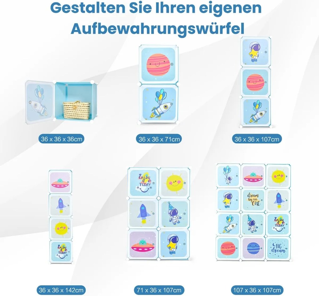 Costway Šatní skříň pro děti se 2 závěsnými sekcemi a 12 kostkami Roztomilá
