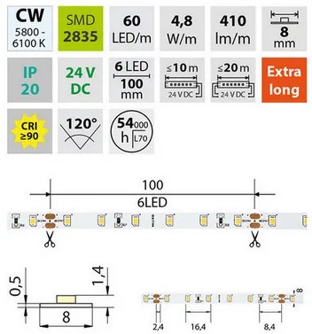 LED pásek McLED 24V studená bílá CRI90 š=8mm IP20 4,8W/m 60LED/m SMD2835 ML-126.829.60.2