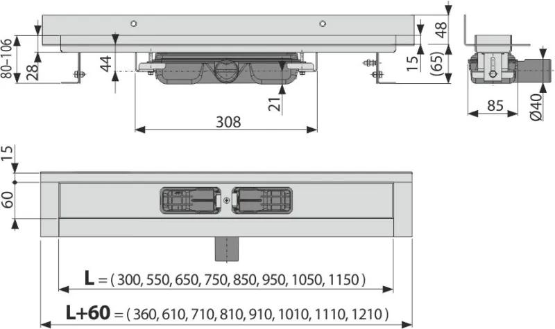 Alcadrain Podlahový žlab s okrajem pro plný rošt a s pevným límcem ke stěně - APZ116-550