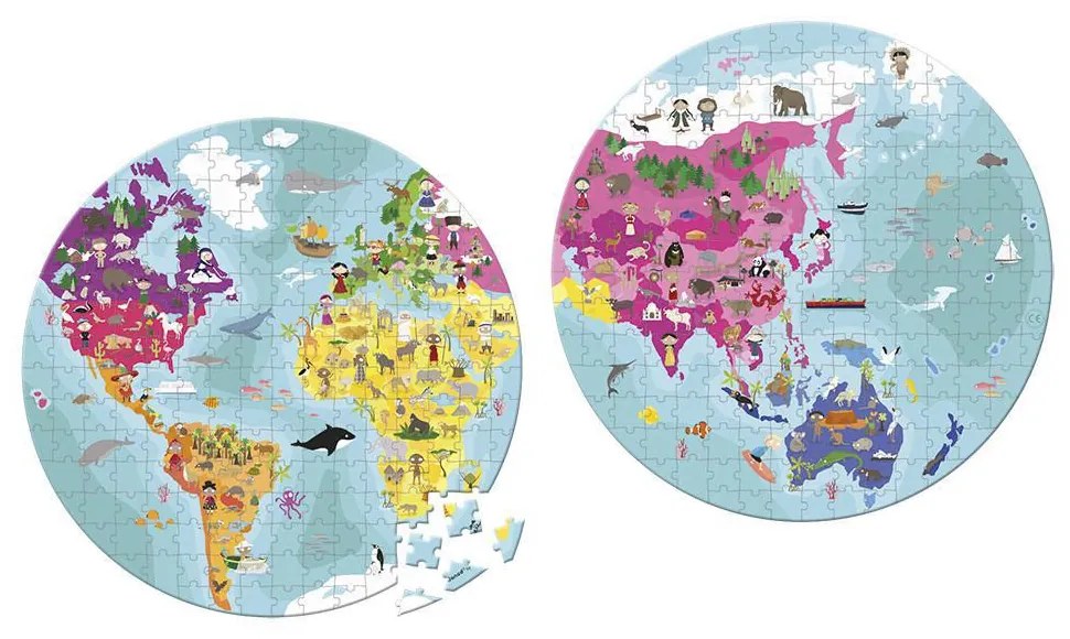 Janod Dětské oboustranné puzzle Zeměkoule v kufříku 208 ks