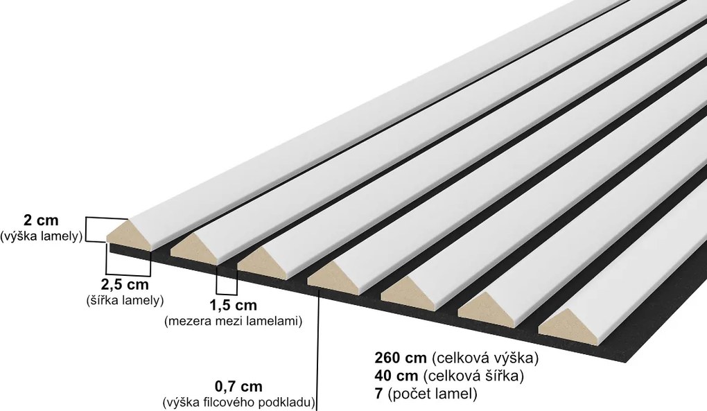 MP Dekorativní nástěnné lamely s filcem ▲ (trojúhelník), Bílá mat / černý 260x40x0,7 cm - 7 lamel