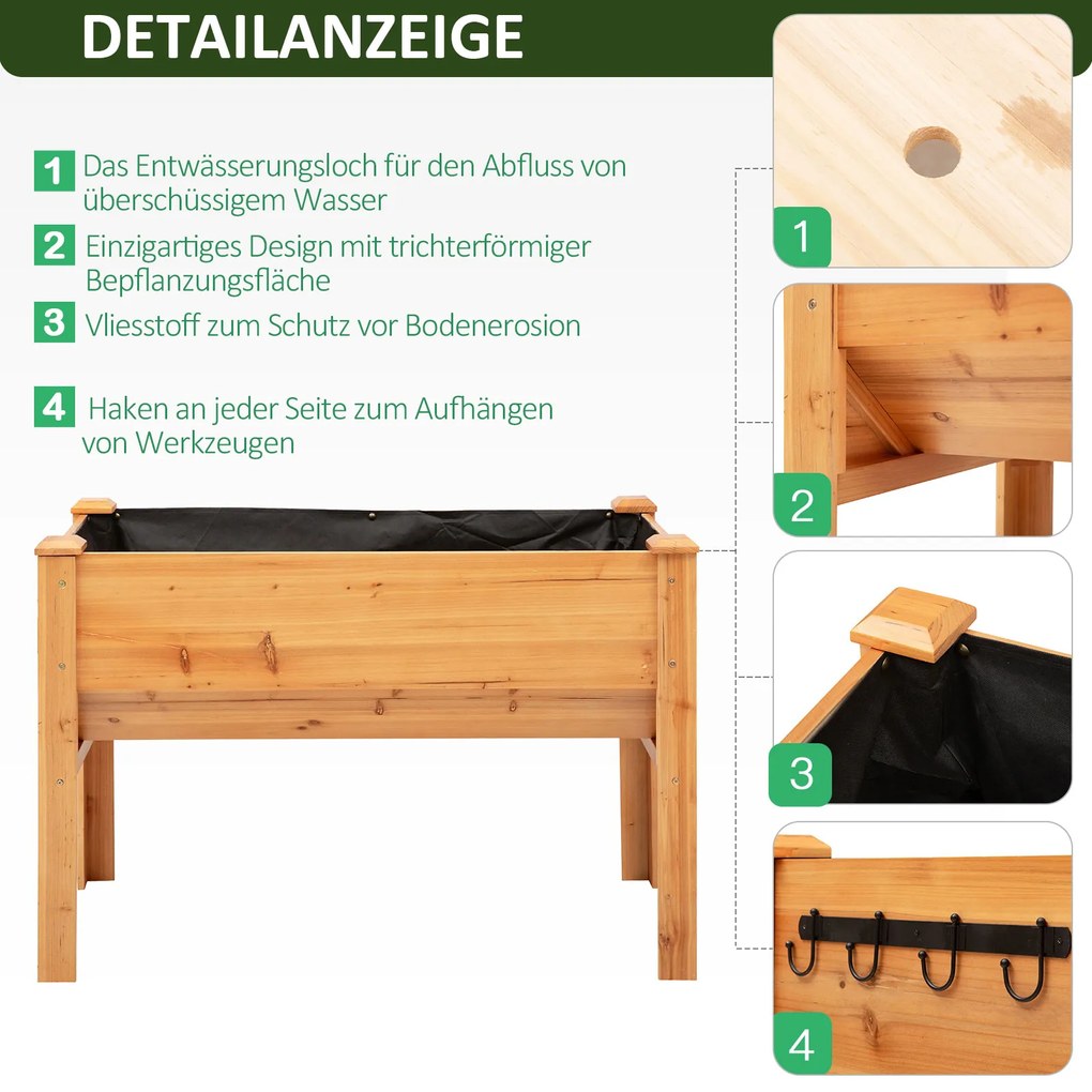 Vyvýšený záhonový truhlík na bylinky Outsunny ze dřeva s odtokovým otvorem a háčky, truhlík na nohy 124x60x81 cm v přírodní barvě | Aosom.de