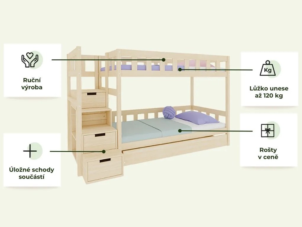 Benlemi Patrová postel PLOTTY s úložnými schody 90x200 cm Zvolte barvu: Bílá, Zvolte šuplík: Bez šuplíku, Zvolte stranu: Vlevo