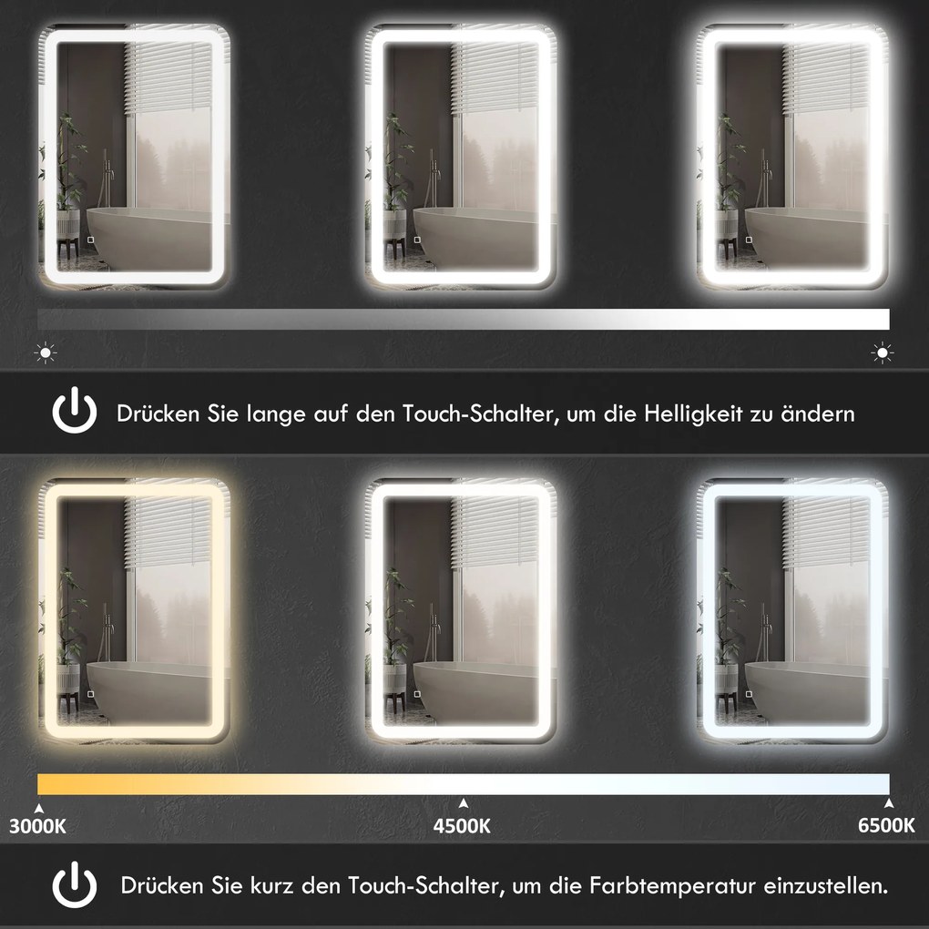HOMCOM kleankin koupelnové zrcadlo LED 50 x 70 cm se 3 barvami světla a dotykovým spínačem, IP44, automatická ochrana proti zamlžení, paměťová funkce…