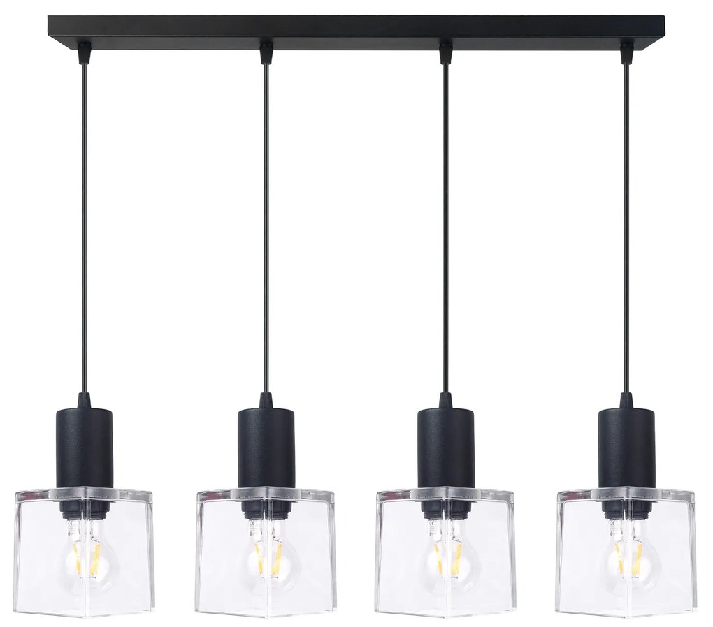 Light for home - Závěsné svítidlo černá lišta a čiré skleněné hranaté stínidla "Roberto", 4x60W, E27, Černá