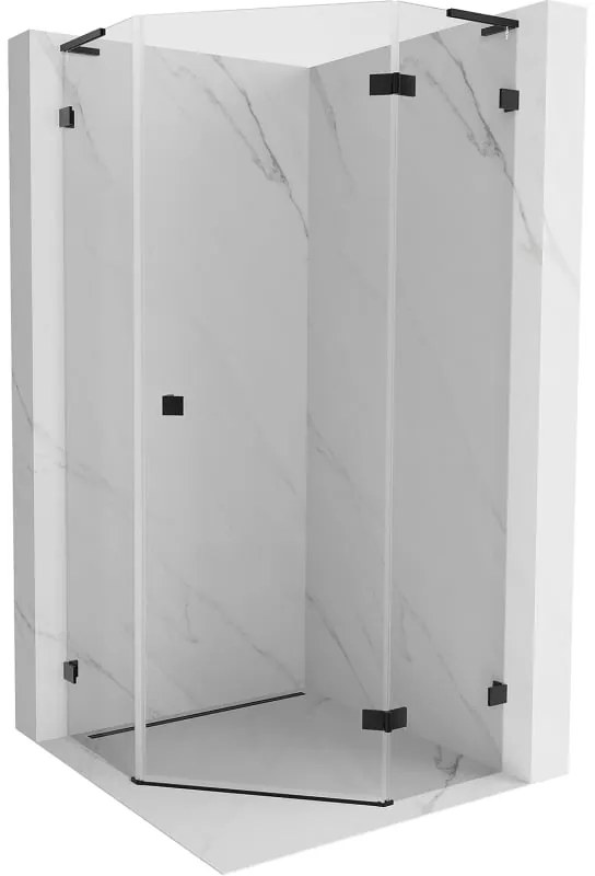 Mexen Lunar, L pravý výklopný pětiúhelníkový sprchový kout 80 x 80 cm, 8mm čiré sklo, černý profil, 831L-080P-080L-70-00-P