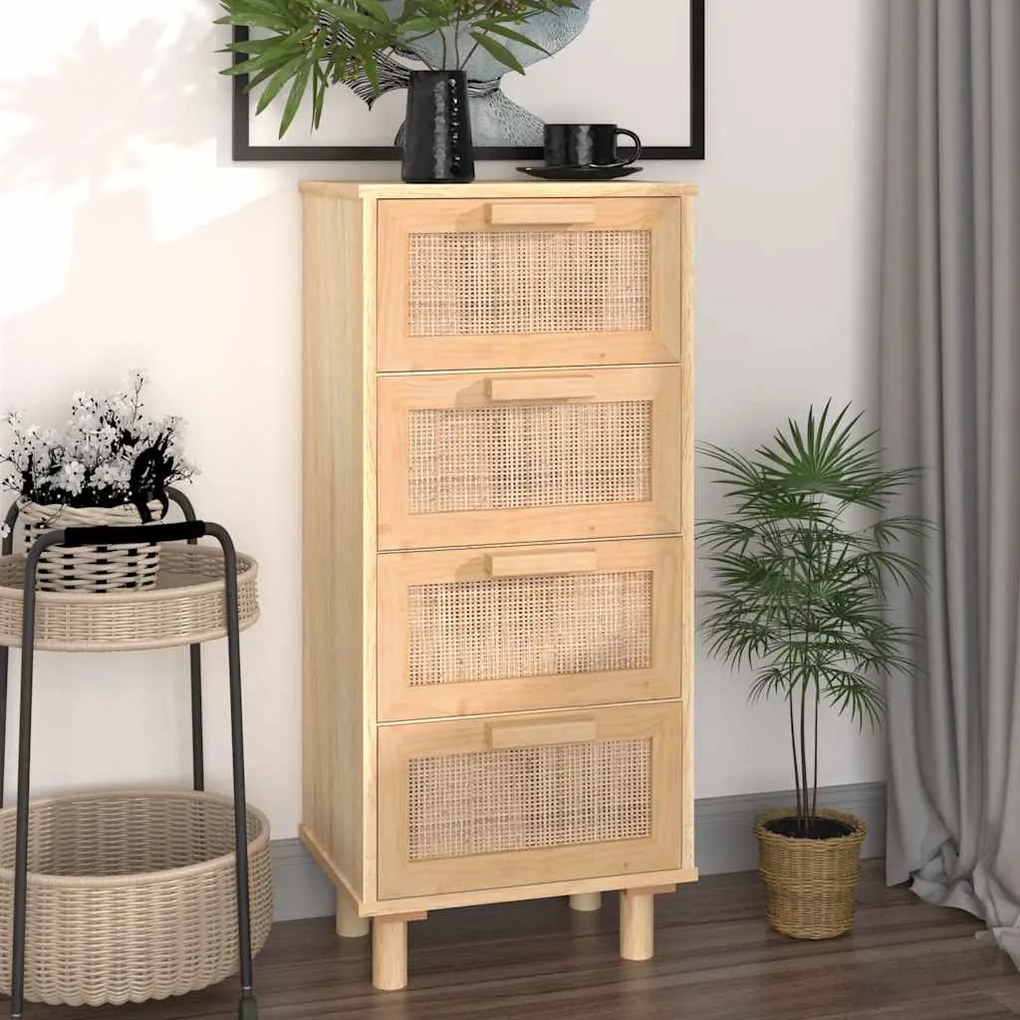 Příborník Hnědý 40X30X90 Cm Masivní Borovice A Přírodní Ratan - Černá