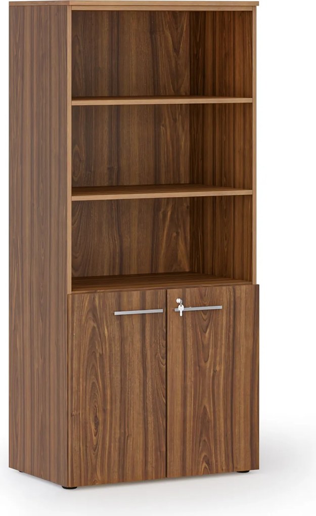 Kombinovaná kancelářská skříň PRIMO WOOD, nízké dveře, 800 x 500 x 1781 mm, ořech
