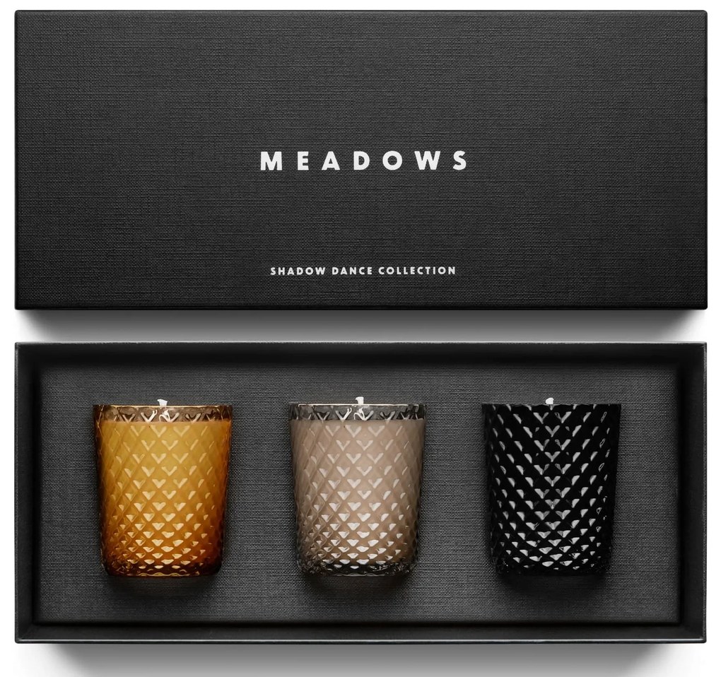 MEADOWS Dárková kolekce svíček Meadows - Shadow Dance 3x80 g, žlutá barva, černá barva, hnědá barva, sklo
