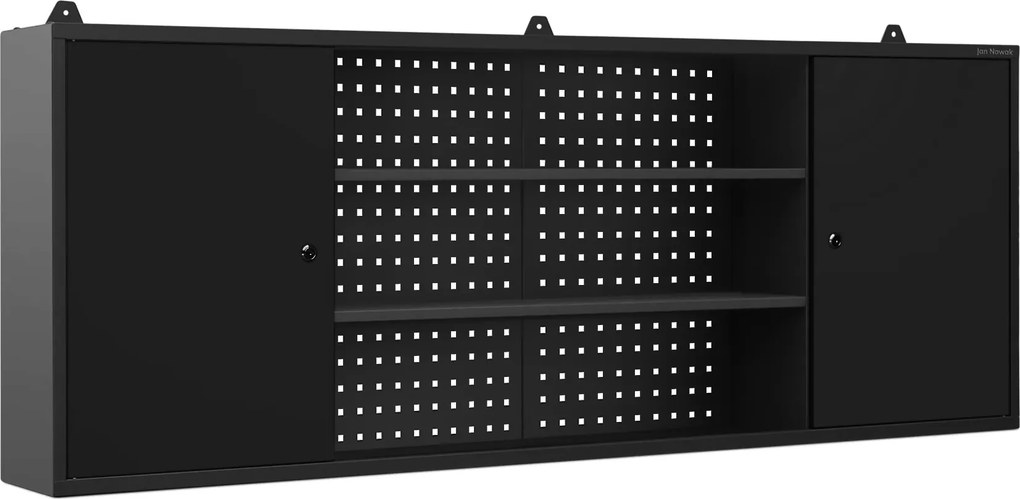 Závěsná dílenská skříň s perforovanou stěnou, černá, 1600x600x200 mm: LEO All Black