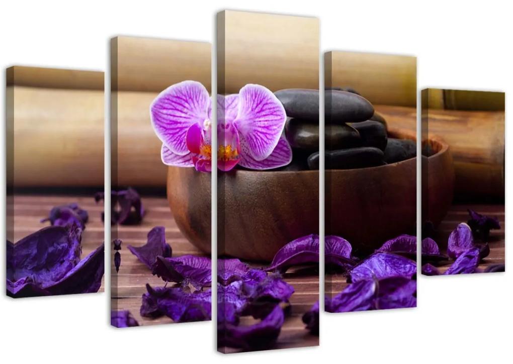 Obraz na plátně pětidílný Lázeňské kameny Orchid Zen - 100x70 cm