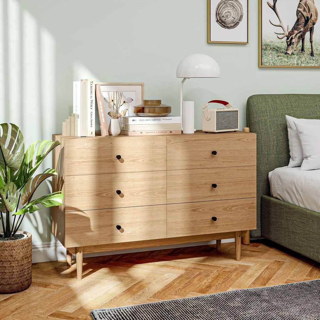 HOMCOM Komoda se 6 Zásuvkami a Masivními Dřevěnými Nohy 120 x 40 x 80 cm Dřevěná Barva