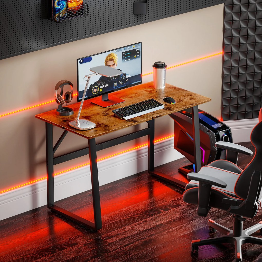 HOMCOM Psací stůl, počítačový stůl s ocelovým rámem, kancelářský stůl PC stůl 120x60x76 cm rustikálně hnědá + černá