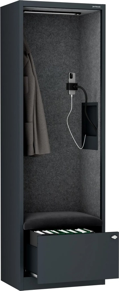 Kancelářská akustická kabina se sedátkem a USB-C portem, korpus antracitový / sedák tmavě šedá, 600 mm: SALLY MentalBox