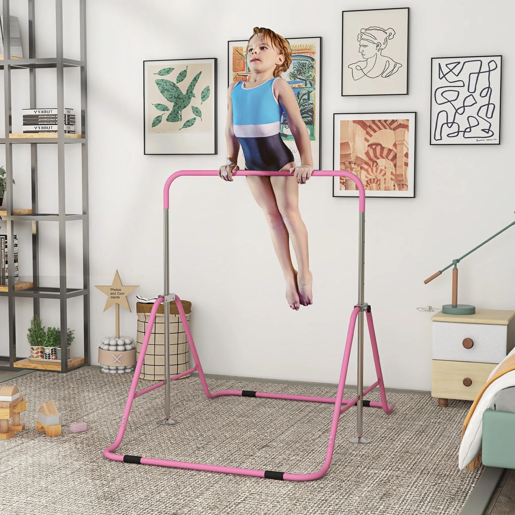 Skládací hrazda HOMCOM pro děti 3-8 let, gymnastická hrazda s 5 nastavitelnými výškami a ocelovou konstrukcí, 154x106,2x88,5-128,5 cm, Růžová