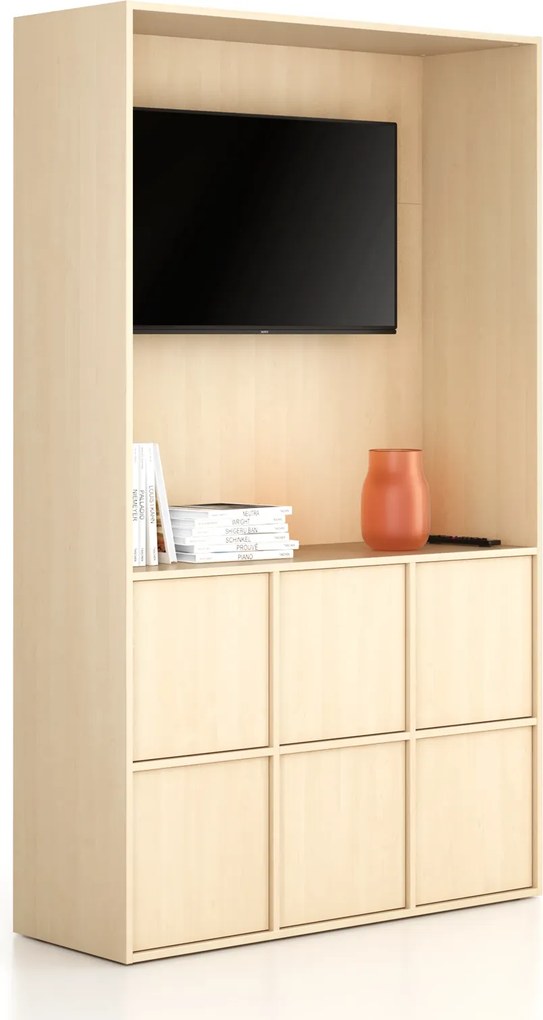 Kancelářská skříň FRAME, 6x dveře, prostor pro TV, 1299 x 450 x 2162 mm, PUSH-lock, bříza