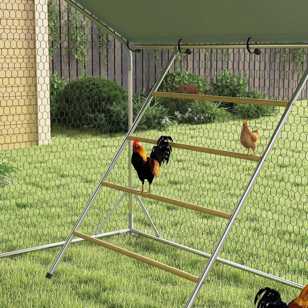Ocelový výběh pro kuřata PawHut, 300 x 800 x 195 cm, klec pro kuřata s krytem odolným proti UV záření, dvířka na krmení, závěsné krmítko, bidýlko, vý…