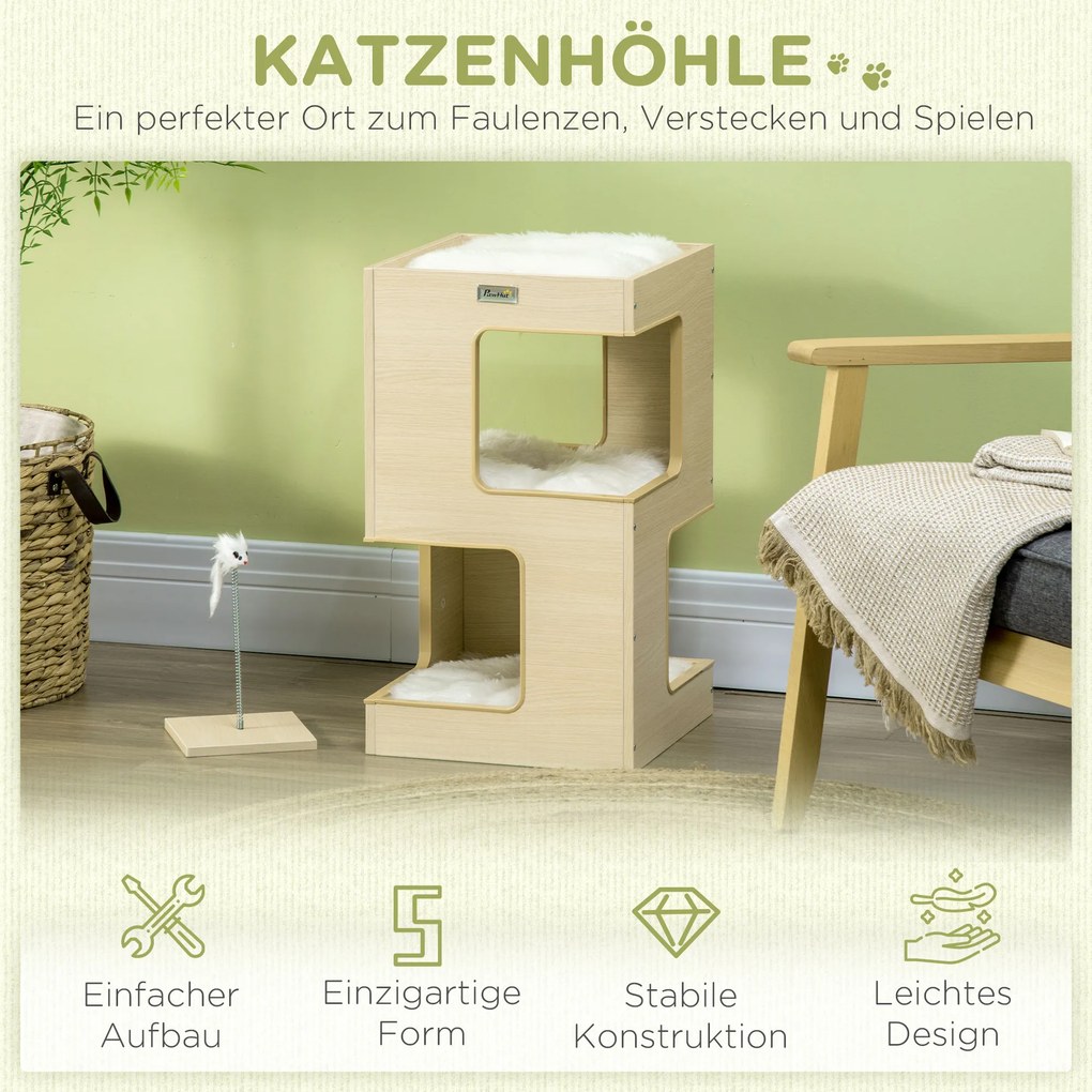 PawHut cat cave třípatrová skříňka pro kočky vnitřní domeček pro kočky s polštáři a hračkami z dubového dřeva 34x34x60 cm pro milovníky koček