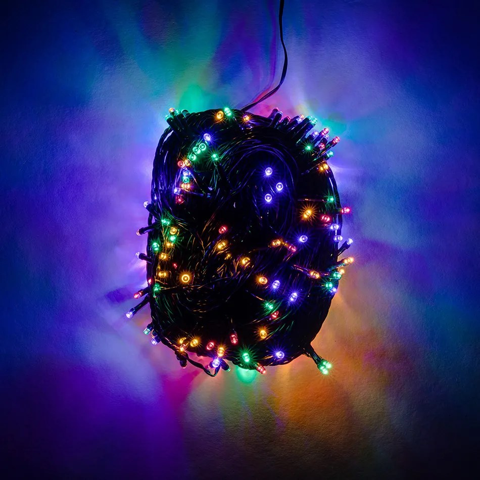 LED světelný řetěz, venkovní, 40 m, barevný, 200 diod, černý kabel, IP44, vč. zdroje