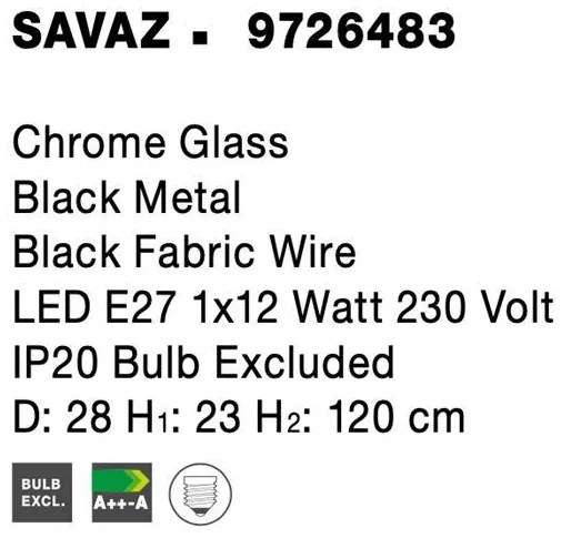 Nova Luce Závěsné svítidlo SAVAZ chromové sklo černý kov černý kabel E27 1x12W