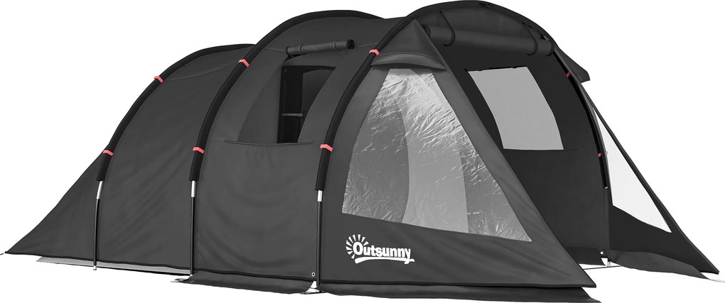 Outsunny tunelový stan pro 4 osoby, 2 místnosti, UV ochrana, 2000 mm vodní sloupec, vodotěsný a přenosná taška, černý | Aosom.de