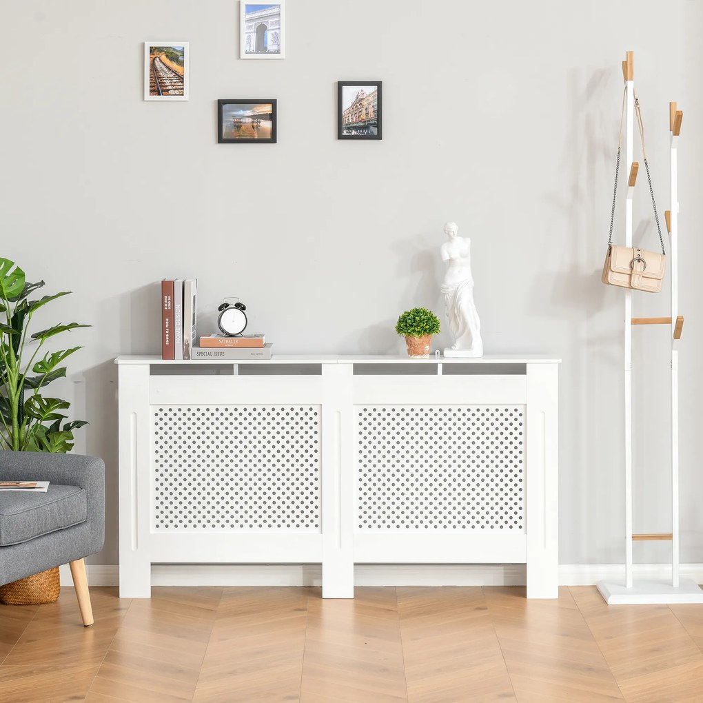 HOMCOM MDF dřevěný kryt radiátoru, moderní skříňka s bílou lakovanou horní policí, 151,5x82x19 cm