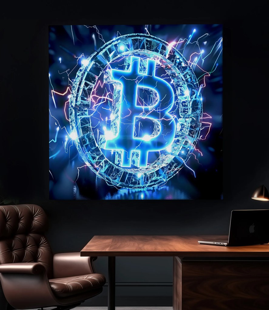 Obraz na plátně - Bitcoin, modré zářící logo FeelHappy.cz Velikost obrazu: 100 x 100 cm