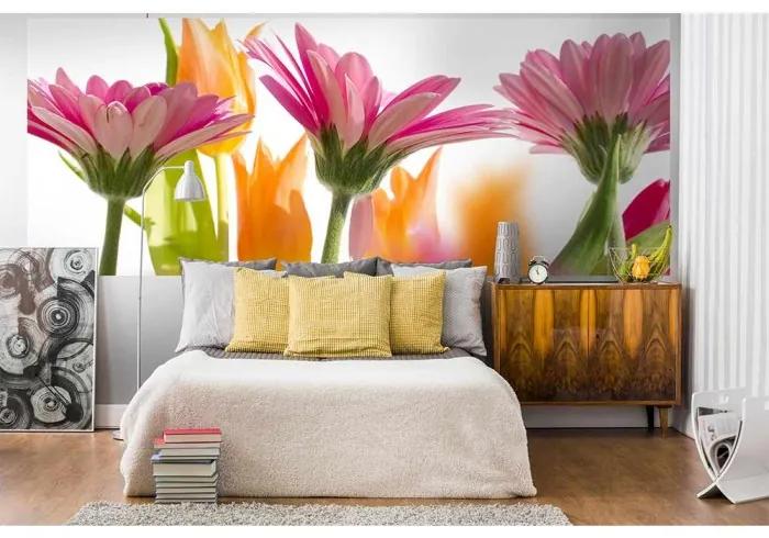 DIMEX | Panoramatická vliesová fototapeta na zeď Jarní květiny MP-2-0142  | 375 x 150 cm | bílá, růžová, žlutá, zelená