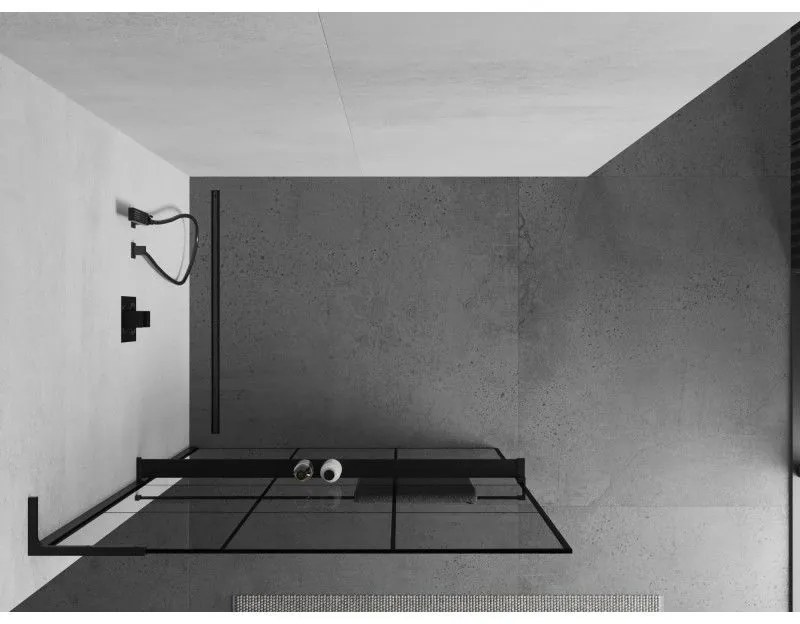 Mexen Kioto+ L, sprchová zástěna Walk-In s poličkou a věšákem 100 x 200 cm, 8mm čiré sklo černý vzor, černý profil, 800-100-123-70-77